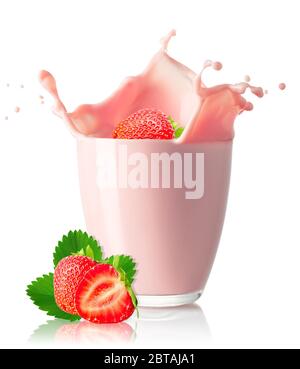 Strawberry milkshake splash with berry in air on white background Stock ...