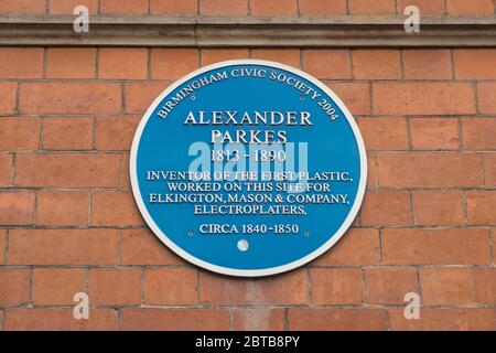 A blue plaque for inventor Alexander Parkes who created Parkesine, the ...