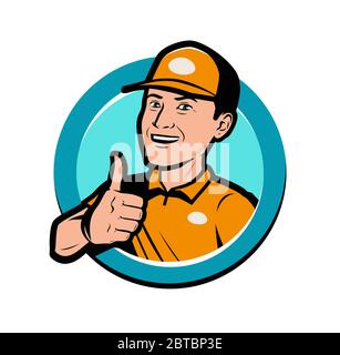 Service logo or label. Happy worker cartoon vector illustration Stock ...