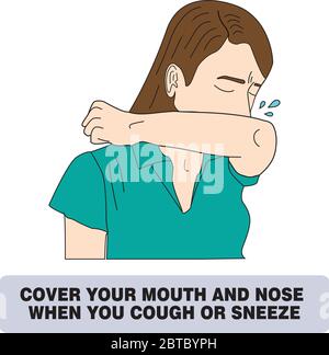 Cover your mouth and nose with arm when cough or sneeze. vector warning ...