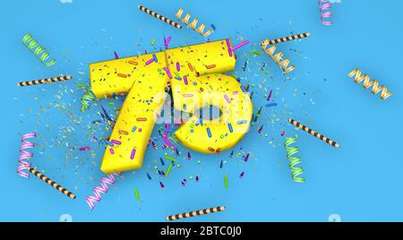 Number 75 in thick blue font lit from below with white light reflectors ...