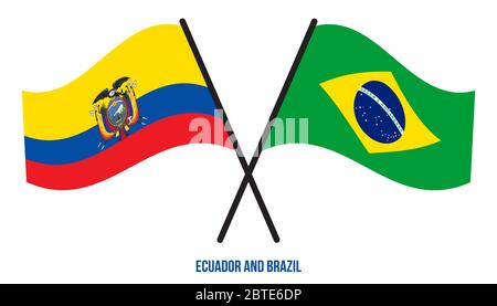 Ecuador and Brazil flags waving together on blue cloudy sky, two ...