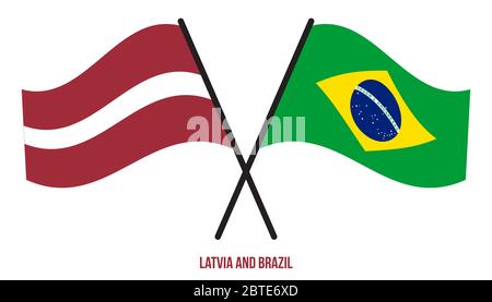 Latvia and Brazil flags waving together in the wind on blue cloudy sky ...