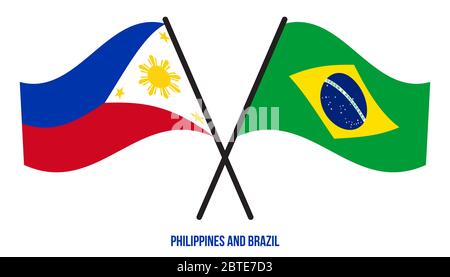 Philippines and Brazil flags waving together in the wind on blue cloudy ...