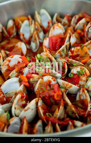 Seafood buffet at event celebration. Featuring raw clams on the half ...