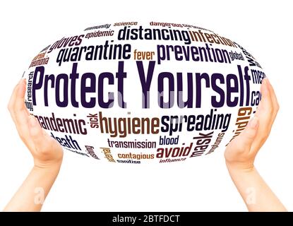 Protect yourself word cloud and hand with marker concept on white ...