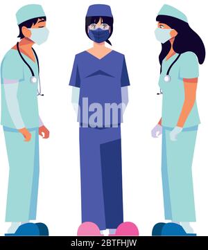 female and male doctors with uniforms and masks design of Medical care ...