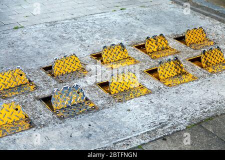 Raisable metal road blockers, blockade, barriers to stop cars from ...