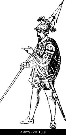 A soldier standing with an arrow in his hand, dressed in military ...