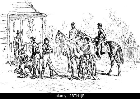 The picture depicts a Civil War soldier being taken prisoner, vintage ...