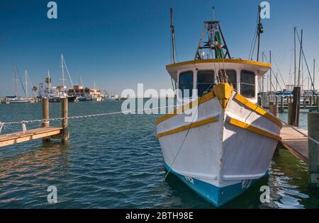 Outrigger trawler shrimp boat at port, Aransas Bay, Gulf of Mexico ...