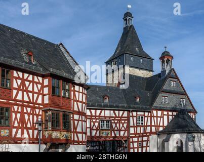 Historic Amthof and landmark, half-timbered house, nose sign, gallery ...