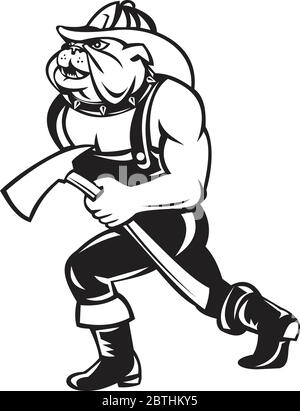 illustration of a bulldog dog fireman with axe walking done in cartoon ...