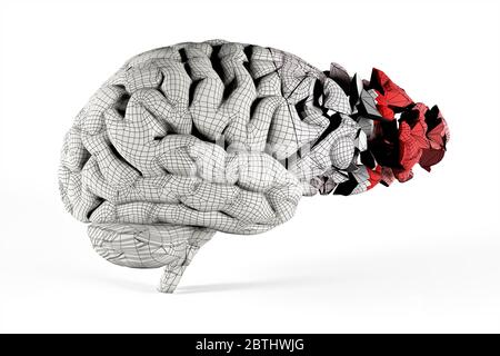 Shattered brain covered with mesh. Conceptual 3d illustration helpful ...