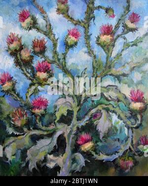 abstract art painting with thistle, white smoke and pastel purple color ...