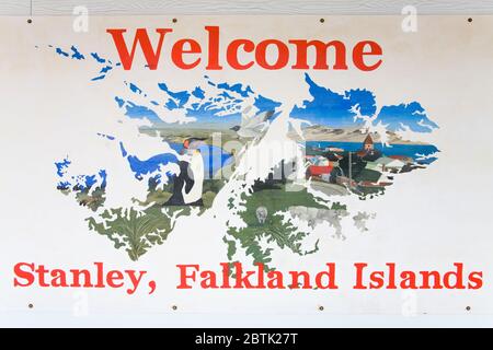 The welcome sign at Stanley, Falkland Islands, reminding that the town ...