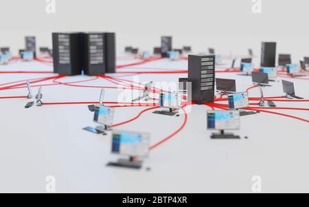 Network infrastructure, desktop computer workstations connected to data ...