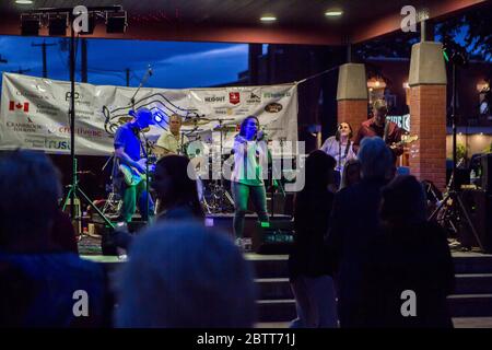 Rcok band in concert, with people dancing in forefground. Singer, bass ...