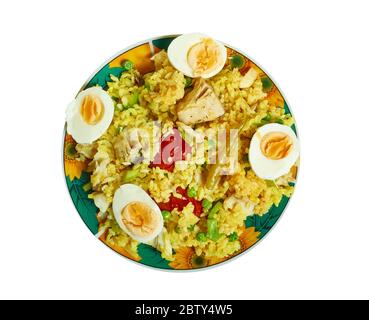 Smoked Spanish paprika paella with cod close up Stock Photo - Alamy