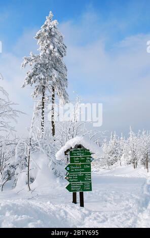 Trail indication signs with snowy mountains in the background near Ayes ...