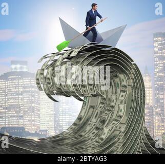 Businessman riding paper boat in dollar sea Stock Photo - Alamy