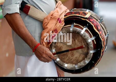 Musician playing a Thavil, a traditional Indian drum, Sri Mahamariamman ...