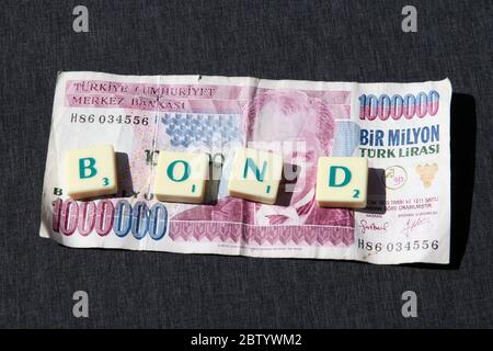 Turkish Lira Bond spelt in scrabble letters, 1 million lira note, 1 BiR ...