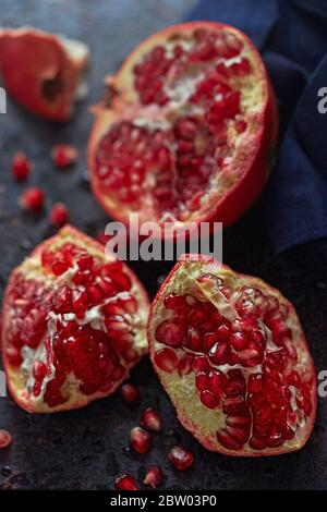 Pomegranate grains. Pomegranate with seeds. Ripe red pomegranates arils ...