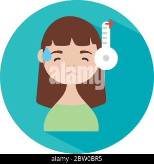 cartoon woman with fever icon over white background, line style, vector ...