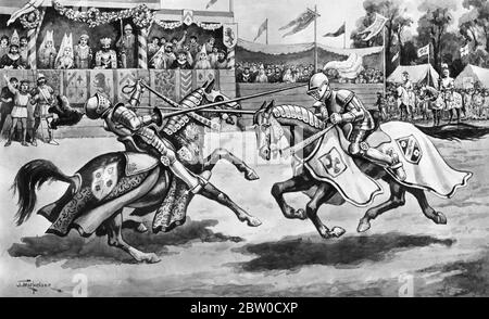 illustration of knights jousting at a tournament in the Middle Ages ...