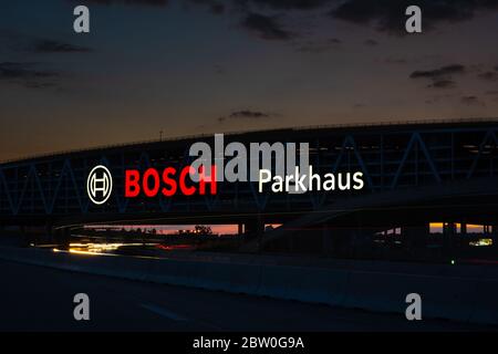 Huge Bosch letters at the Stuttgart Airport parking garage with empty ...