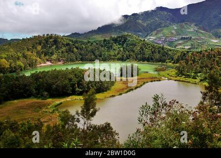 Twin lakes Telaga Warna and Telaga Pengilon, Dieng Plateau, Java ...