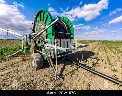 Red fire hose reel with watering can near textured residential wall in ...