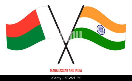 India and Madagascar flags waving together on blue cloudy sky, two ...