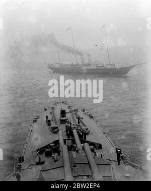 The Royal Yacht Victoria and Albert The White ensign being lowered as King George V boards the ...