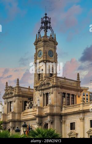 Historical building with Clock Tower at Valencia Docks in Spain Stock ...