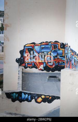 Graffiti on the abandoned Jerma Palace Hotel, Marsaskala, Malta Stock ...