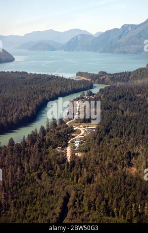 An aerial view of the Wuikinuxv First Nation village and the Wannock ...
