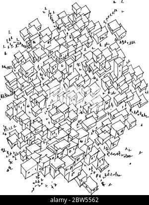 hand drawn sketch of giant slum city composed of rectangular houses and ...
