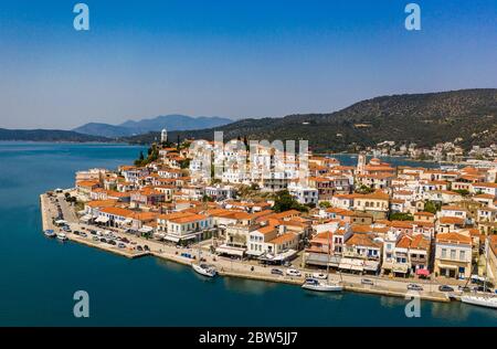 Top aerial view of the Poros island Sea harbor, Aegean sea, Greece ...