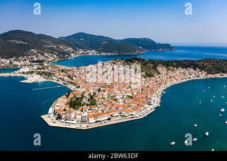 Top aerial view of the Poros island Sea harbor, Aegean sea, Greece ...