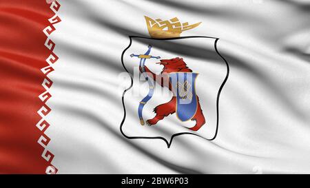 3D illustration flag of Mari El is a region of Russia. Waving on the ...