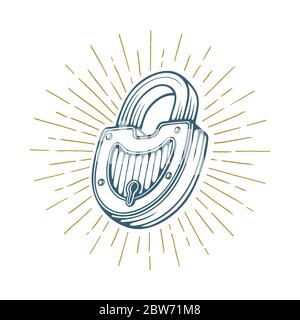 Padlock. Hand drawn padlock with rays vector illustration. Glowing ...