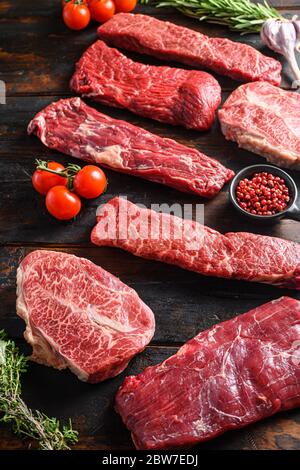 Raw, alternative beef steaks flap flank Steak, machete steak or skirt ...