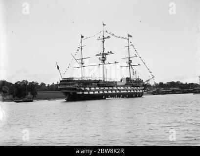 HMS Worcester the training ship at Greenhithe , Kent , floodlit for ...