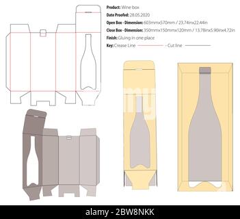 Wine box die cut template with window, vector. White, clear, blank ...