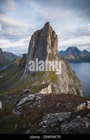 Majestic Segla mountain in Norway landscape Senja island midnight sun ...