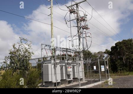High voltage electricity substation surrounded by fence outside ...