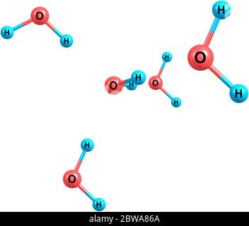 Water (H2O), molecular model. Three representations: 2D skeletal ...