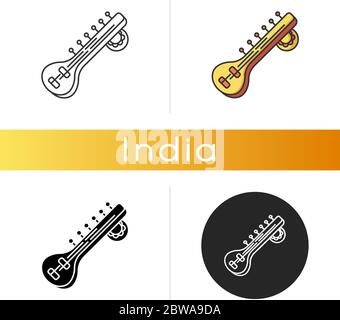 Indian sitar musical instrument color sketch icon. Vector isolated vina ...